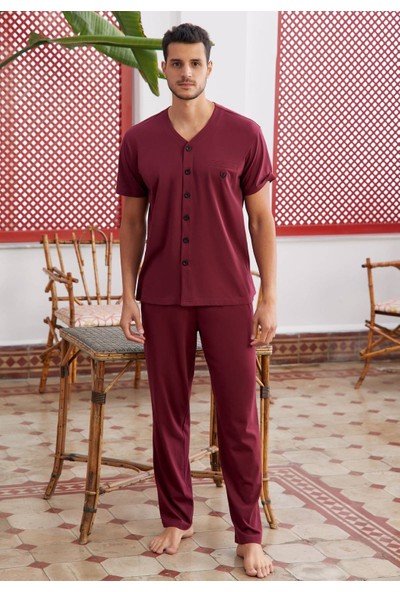 Eros 28150 %100 Pamuk V Yaka Önden Düğmeli Kısa Kollu Erkek Pijama Takımı - Bordo Eros 28150 %100 Pamuk V Yaka Önden Düğmeli Kısa Kollu Erkek Pijama Takımı - Bordo