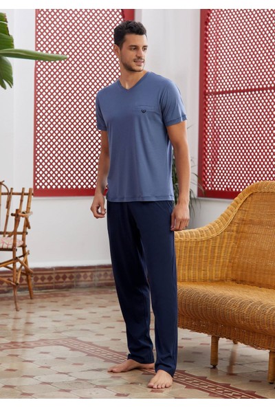 Eros 28120 %100 Pamuk V Yaka Kısa Kollu 3'lü Erkek Pijama Takımı - Indigo