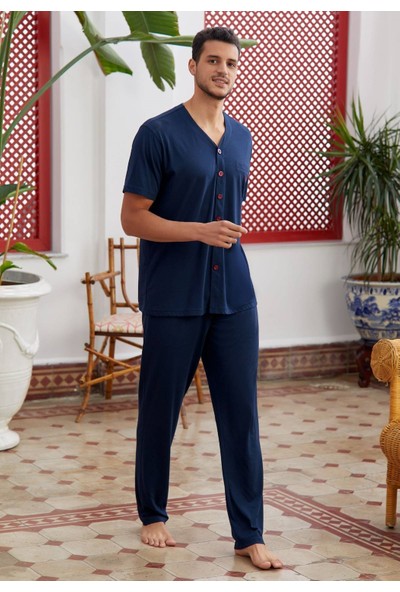 Eros 28150 %100 Pamuk V Yaka Önden Düğmeli Kısa Kollu Erkek Pijama Takımı - Lacivert Eros 28150 %100 Pamuk V Yaka Önden Düğmeli Kısa Kollu Erkek Pijama Takımı - Lacivert