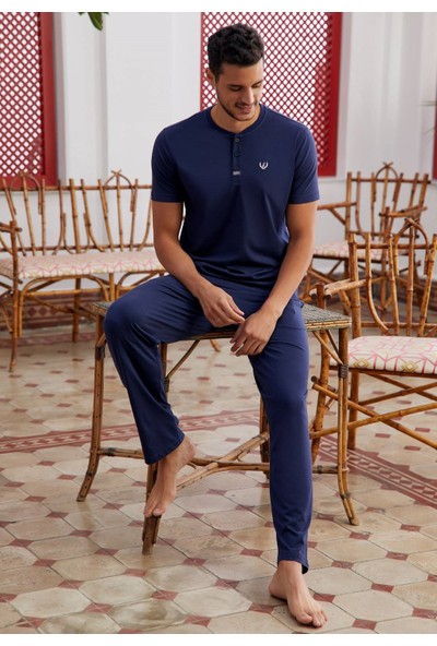 Eros 28145 %100 Pamuk Kısa Kollu Erkek Pijama Takımı - Lacivert