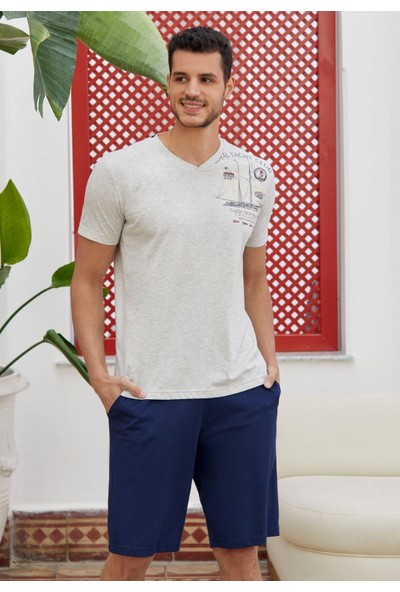 Eros 28030 %100 Pamuk V Yaka Şort Erkek Pijama Takımı - Gri Melanj