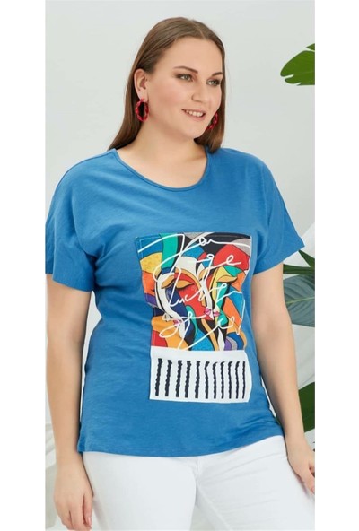 Rota Giyim Rmg Ön Kısım Resimli Büyük Beden Saks Tişört