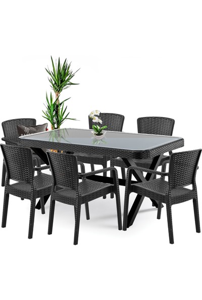 Tilia x Serisi 90 x 150 Antares 6 Kişilik Camlı Rattan Masa Takımı