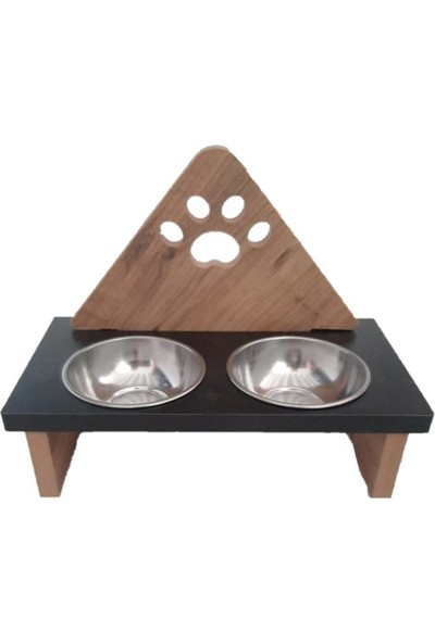 Bebebebek Çelik Kaseli Ahşap Mdf Mama ve Su Kabı Çift Renk Ceviz