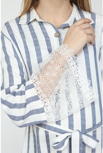 Işşıl 5024-Pamuk Çizgi Dantel Kol Emzirmeli Hamile Tunik
