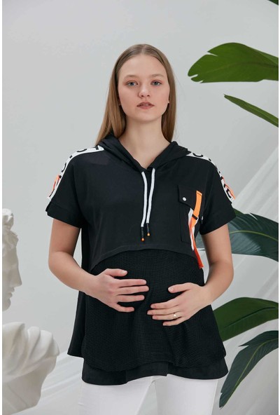 Işşıl O7147-Fıle Kombin Kısa Kol Kapişonlu Hamile Sweatshirt