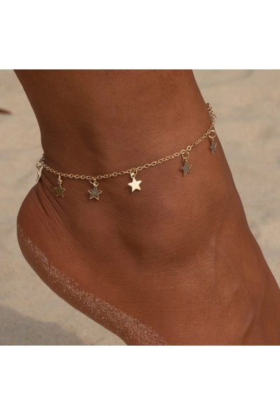 Platin Hediyelik Sarı Renk Ince Zincirli Kadın Yıldız Halhal