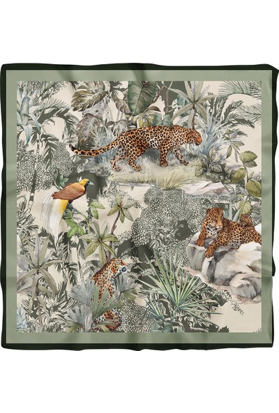 Moda Butik Kadın Su Yeşili Krem Amazona Desenli 50X50 Bandana Hyl DG01124-22