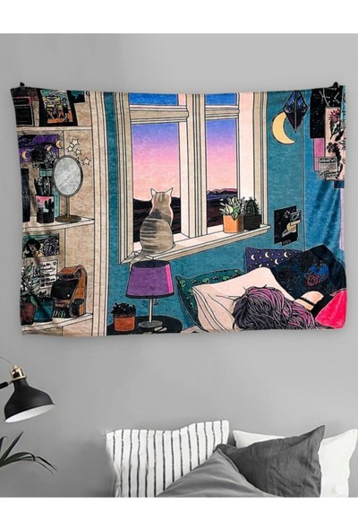 Hobimania Oturan Kedi Duvar Örtüsü Duvar Halısı Tapestry 70X100 cm Duvar Dekorasyon Moda