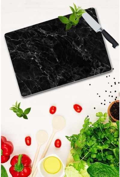 Saban Dekoratif Cam Kesme Tahtası 30 cm x 40 cm Siyah Mermer