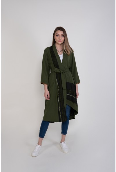 Sembol Asimetrik Etek Etnik Kumaş Detaylı Kadın Pardesü 5363