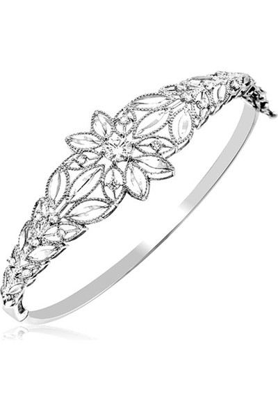 Siena 14 Ayar Çiçek Motifli, Taşlı Beyaz Altın Kelepçe.