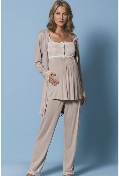 Monamise Kadın Vizon Hamile Lohusa Sabahlıklı Pijama Takım 18207