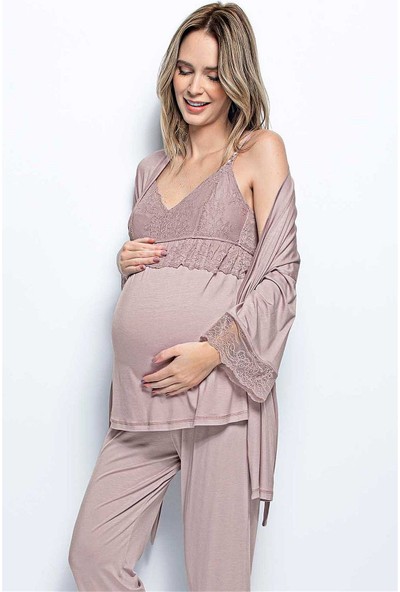 Monamise Kadın Vizon Hamile Lohusa Sabahlıklı Pijama Takım 18431