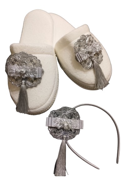 Mykino Gümüş Renk Lohusa Anne Terlik ve Taç Seti