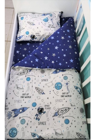Bebek Özel %100 Pamuk Bebek/Çocuk Yastık Çarşaf Yorgan Seti Uzay Desen/lacivert Yıldızlı