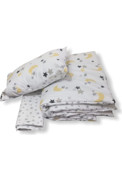 %100 Pamuk Bebek/çocuk Yastık Çarşaf Yorgan Seti Sarı Ay Yıldızlı/ Gri Yıldızlı
