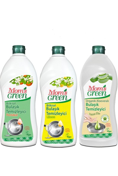3'lü Set Mom's Green Bitkisel Bulaşık Temizleyici Limon ve Portakal ve Aloevera