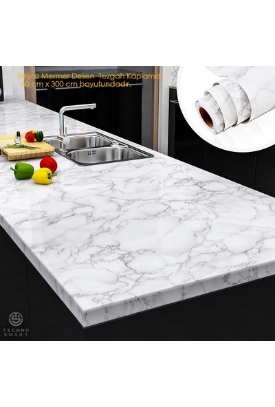 Technosmart Mutfak Tezgah Üstü Folyo Kaplama Mermer Desenli Beyaz Banyo Dolap Kaplama 60 x 300 cm