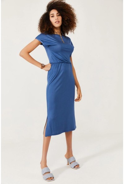 Candybia Kadın Beli Lastikli Indigo Yırtmaç Detaylı Elbise