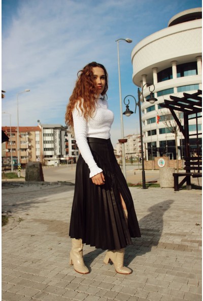 Rosso Kadın Siyah Renk Uzun Deri Etek