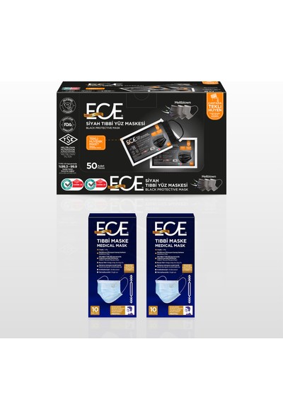 Ece Tekli Siyah Maske 50'li+2 Paket 10'lu Maske
