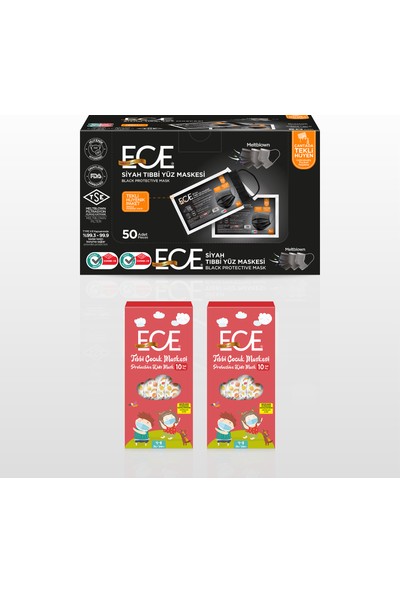 Ece Tekli Siyah Maske 50'li + 2 Paket 10'lu Çocuk Maskesi Seti Ece Tekli Siyah Maske 50'li + 2 Paket 10'lu Çocuk Maskesi Seti
