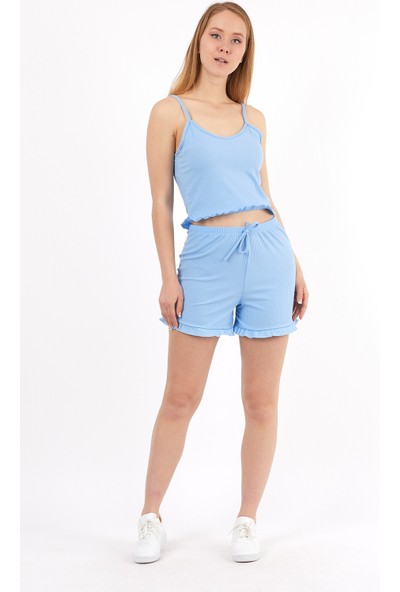 Viking Jeans Askılı Etek Ucu Fırfırlı Şort Takım