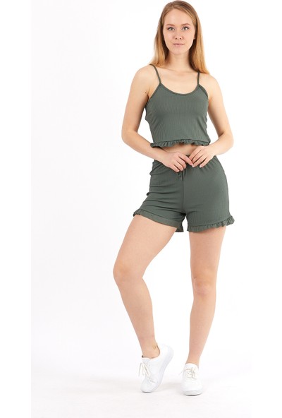 Viking Jeans Askılı Etek Ucu Fırfırlı Şort Takım