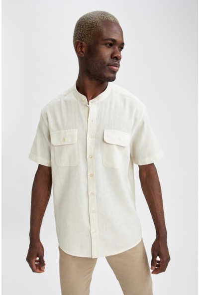 Defacto Regular Fit Hakim Yaka Kısa Kollu Keten Gömlek U3824AZ21SM