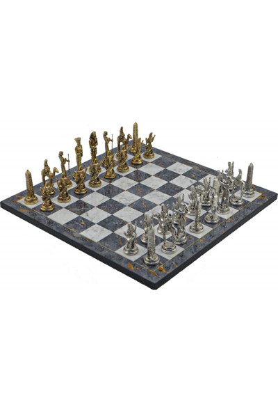 Gift Home Metal Satranç Takımı Büyük Mısır Parlak Taş ve Gri Mermer Desenli Satranç Tahtası
