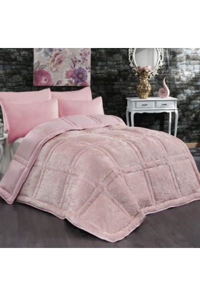 Tekstil Sepeti Kadife Yorgan Çift Kişilik Pudra