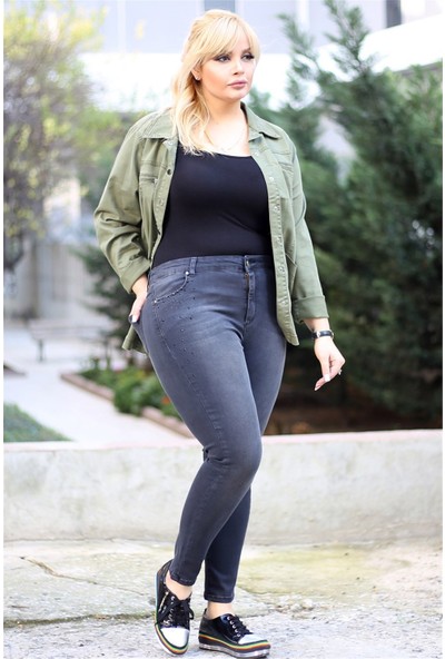 Rota Giyim Cep Dikişi Taşlı Yuksek Bel Buyuk Beden Kot Füme