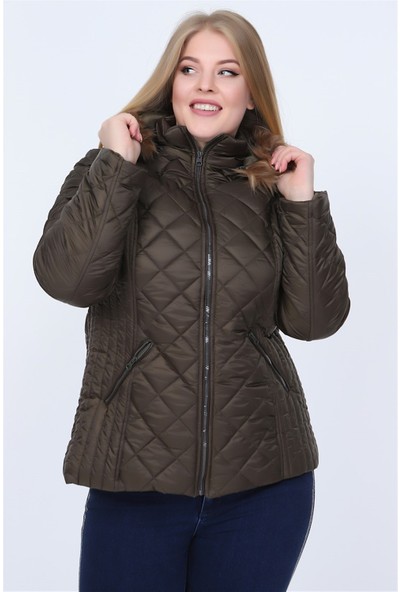 Rmg Kapşonlu Büyük Beden Kapitone Mont Kaban Haki