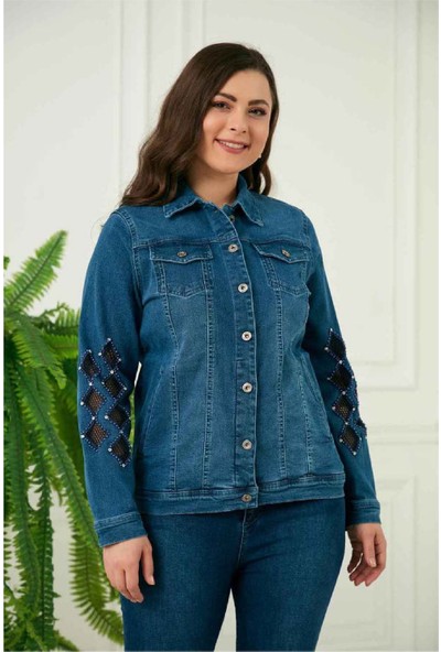 Rmg Kolu Dantel Inci Taş Detaylı Kot Ceket Mavi Rmg Kolu Dantel Inci Taş Detaylı Kot Ceket Mavi