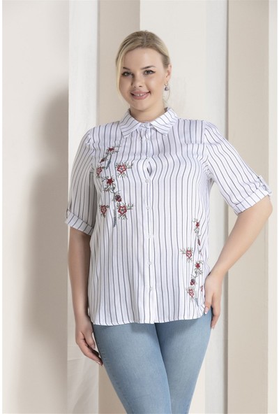 Rmg Nakış Detaylı Çizgili Büyük Beden Gömlek Beyaz