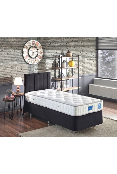 Niron Juliette 80x180 cm Tek Kişilik Yatak, Baza ve Başlık Seti - Siyah Kumaş Baza, Başlık ve Yatak Takımı
