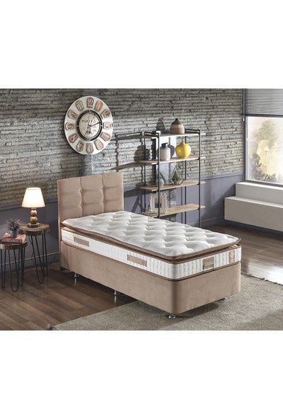 Niron Queen Yatak Seti 80x180 cm Tek Kişilik Pedli Yatak Sütlü Kahve Kumaş Baza, Başlık ve Yatak Takımı