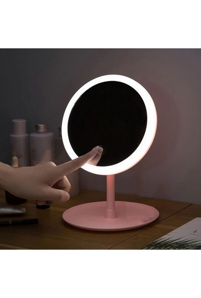 Hediyesahibi LED Işıklı Dokunmatik Masa Üstü Makyaj Aynası Pembe