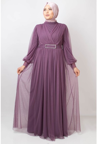 Fahima Kemer Detaylı Tül Abiye Elbise Lila FHM777 Fahima Kemer Detaylı Tül Abiye Elbise Lila FHM777