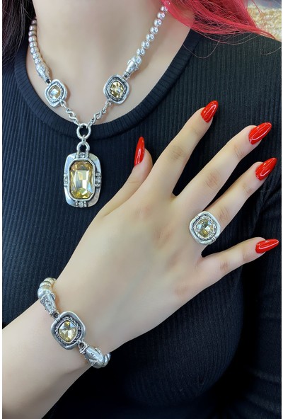 Mooni Accessories Açık Sarı Zirkon Taşlı Modern Tasarım Mat Gümüş Kaplama Kolye,bileklik,yüzük,küpe Set Mooni Accessories Açık Sarı Zirkon Taşlı Modern Tasarım Mat Gümüş Kaplama Kolye,bileklik,yüzük,küpe Set