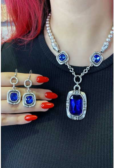 Mooni Accessories Mavi Zirkon Taşlı Modern Tasarım Mat Gümüş Kaplama Kolye,bileklik,yüzük,küpe Set Mooni Accessories Mavi Zirkon Taşlı Modern Tasarım Mat Gümüş Kaplama Kolye,bileklik,yüzük,küpe Set