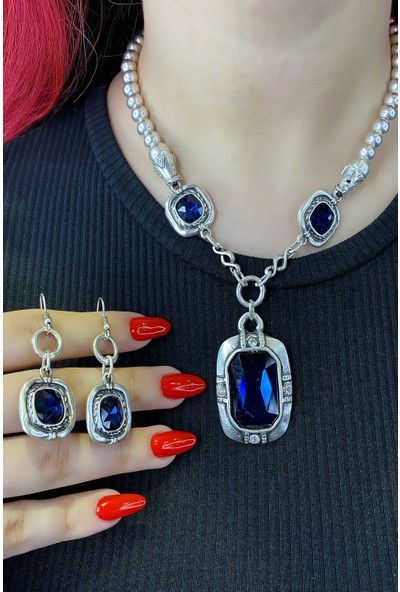 Mooni Accessories Safir Zirkon Taşlı Modern Tasarım Mat Gümüş Kaplama Kolye,bileklik,yüzük,küpe Set Mooni Accessories Safir Zirkon Taşlı Modern Tasarım Mat Gümüş Kaplama Kolye,bileklik,yüzük,küpe Set