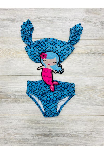 Lolli Boom Kids Kız Çocuk Mayokini Denizkızı Temalı Beyaz - Mavirenk Kol Fırfırlı - Son Sezon Kostüm Mayo