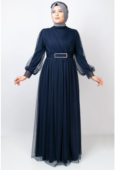 Fahima Kemer Detaylı Tül Abiye Elbise Lacivert FHM777 Fahima Kemer Detaylı Tül Abiye Elbise Lacivert FHM777
