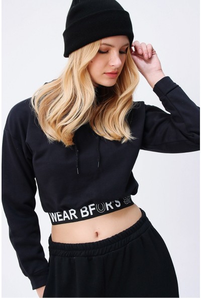 Lena Butik Beli Lastikli Crop Kapüşonlu Sweatshirt-Siyah Lena Butik Beli Lastikli Crop Kapüşonlu Sweatshirt-Siyah