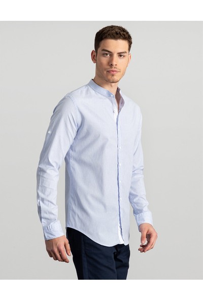 Tudors Slim Fit Hakim Yaka Mavi Erkek Gömlek