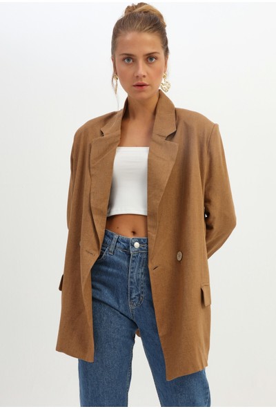 Quzu Keten Blazer Ceket Kahve Quzu Keten Blazer Ceket Kahve