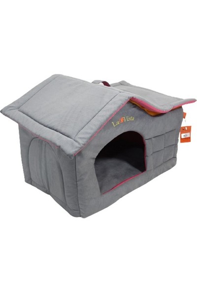 Lavista Çatılı Kedi ve Köpek Evi Gri Kadife Iç Mekan