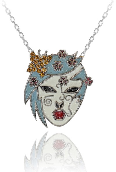 Takı Boom Sarı Taşlı Renkli Mineli Japon Maske Gümüş Kolye